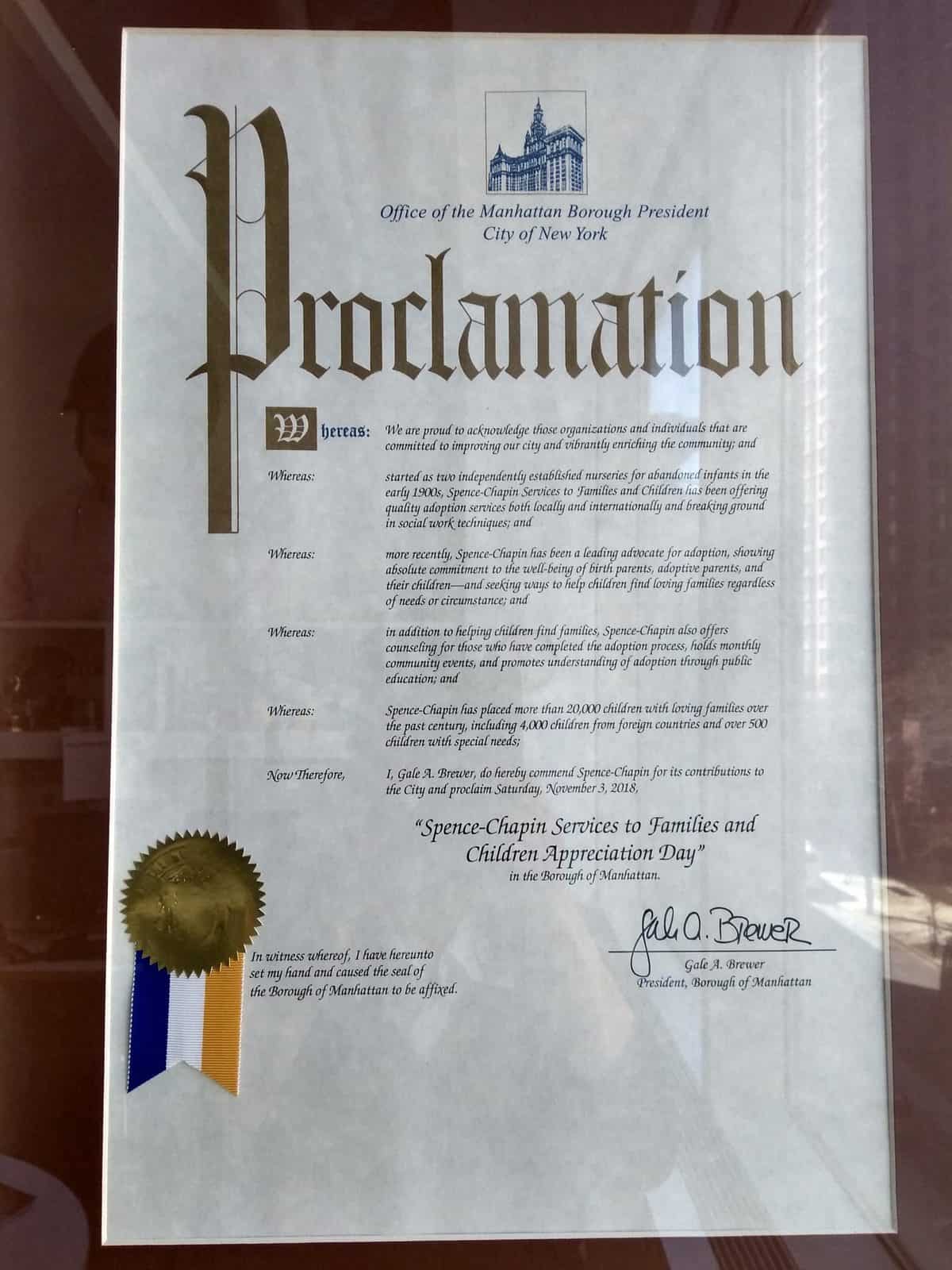 Proclamation from the Office of the Manhattan Borough President, City ...